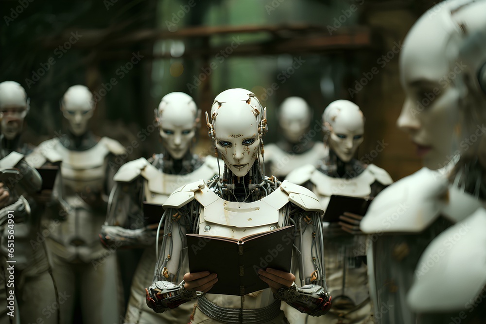 AI robots standing in big hall. Robots replacing humans. Unemployment ...