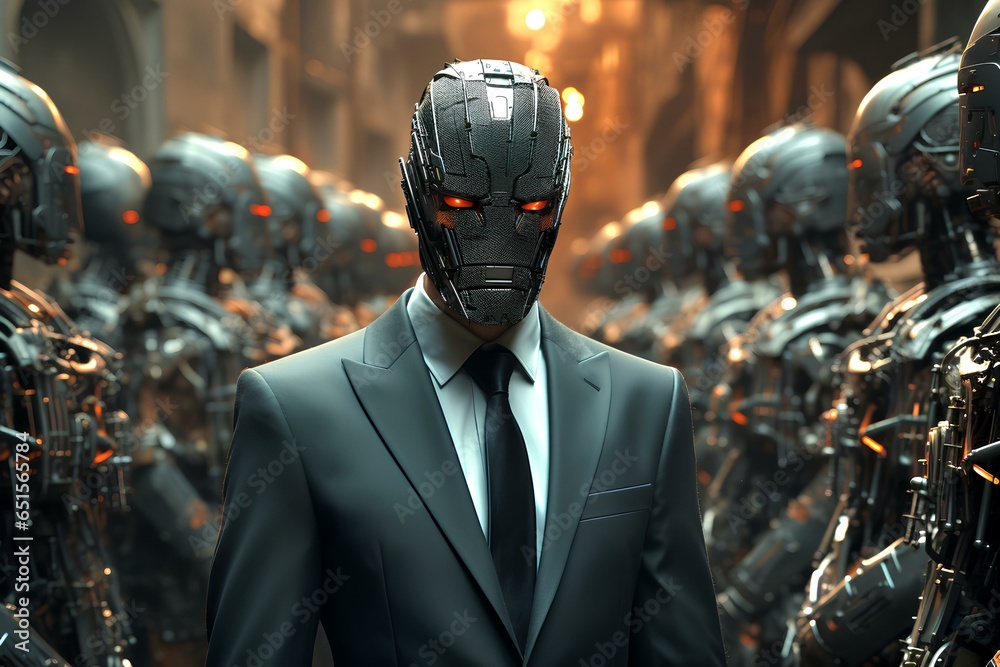 AI robots standing in big hall. Robots replacing humans. Unemployment ...