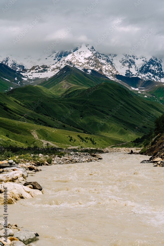 View of the valley of Shkhara, the highest mountain in Georgia. Enguri ...