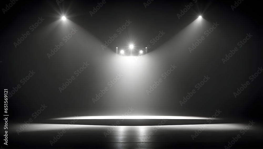 Empty Black Stage Illuminated by Overhead Spotlights. Soft Gray ...