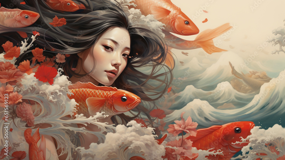 koi fish and girl by arthur wilson, in the style of realistic hyper ...