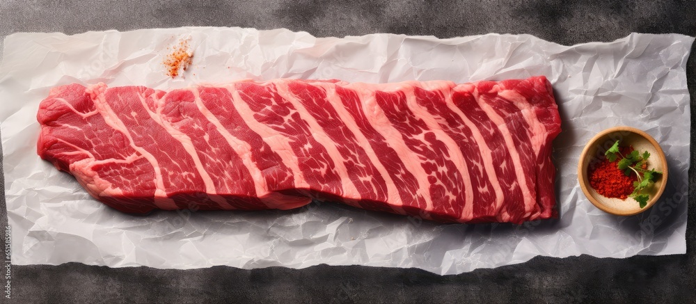 High quality marbled Wagyu A5 beef served on a food tray for Yakiniku ...