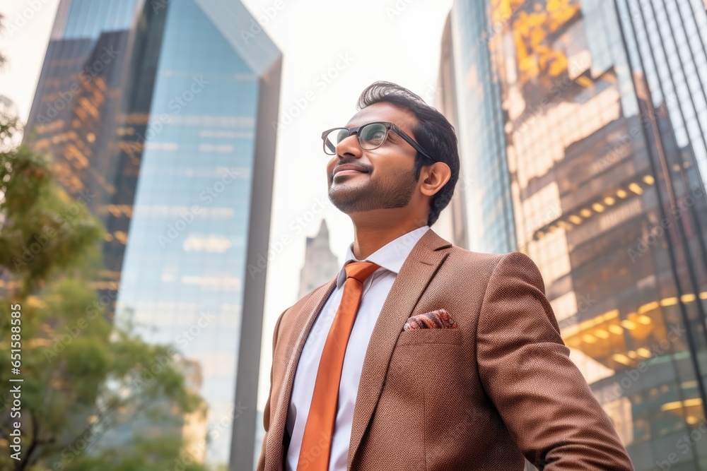 A sharply dressed man stands confidently outside a towering skyscraper ...