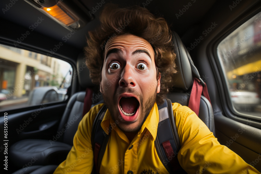 Captivating expression of a shocked taxi driver, a display of profound ...