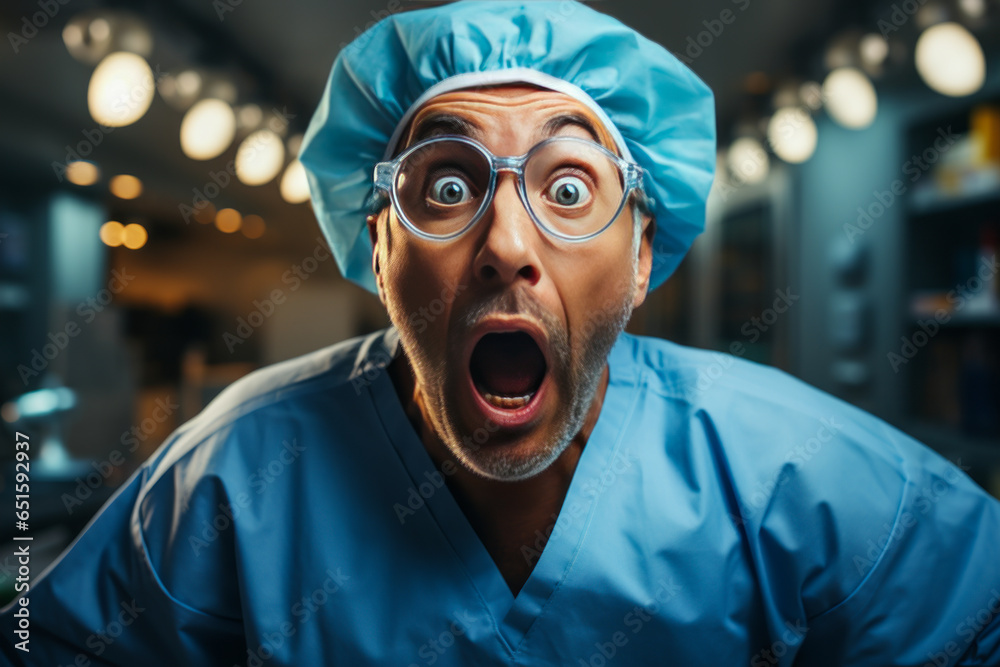 Breathtaking surgeon in visible astonishment, shocked expression etched ...