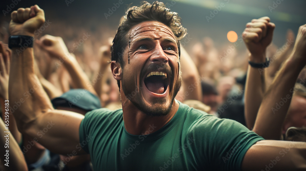 Exhilarating triumph of an elated Irish rugby player, his hands raised ...