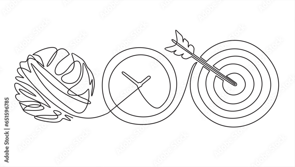Continuous one line drawing of Chaos, clock and dart board. Metaphor of ...