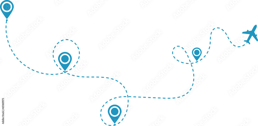 Airplane path in a dotted line shape. Airplane routes set. Plane route ...