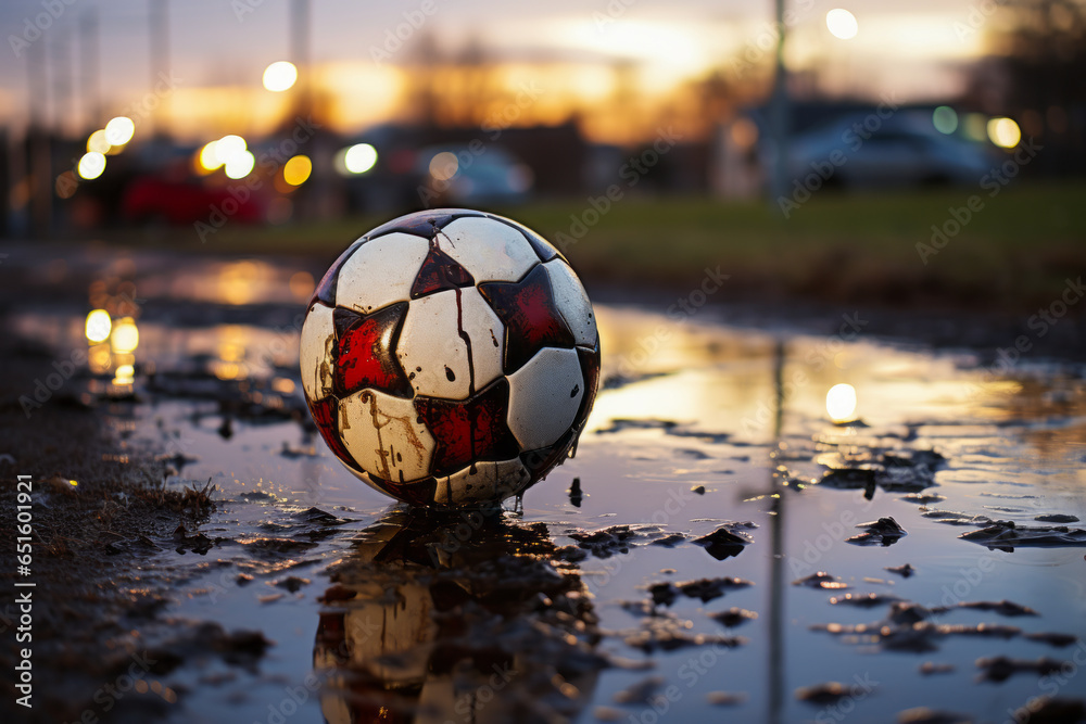 Evocative scene of a deflated soccer ball on rain-soaked pitch at ...