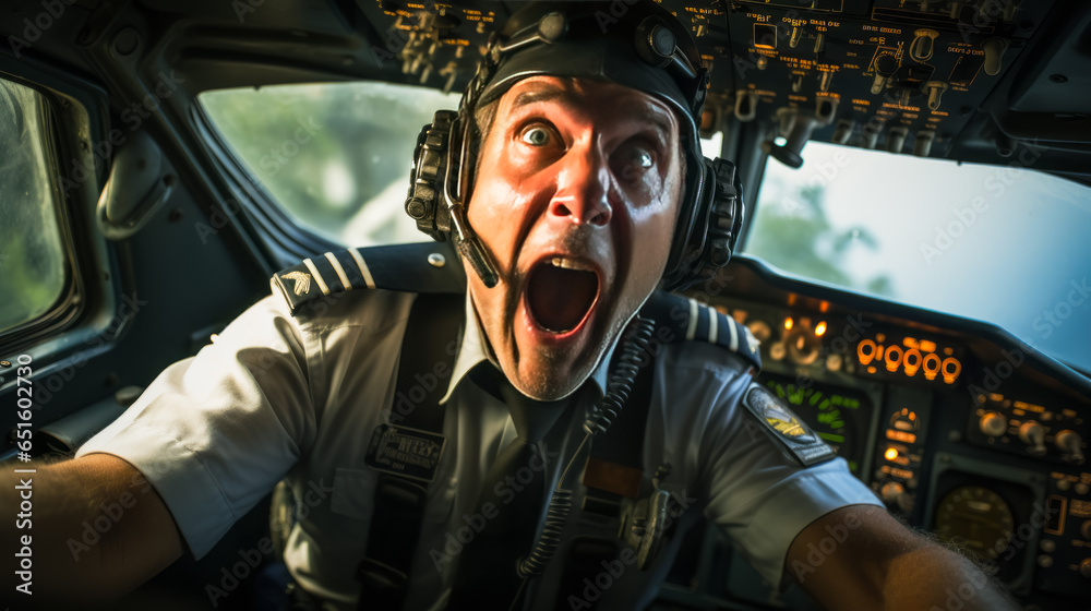 Tense pilot in cockpit with apprehensive expression, underlining the ...