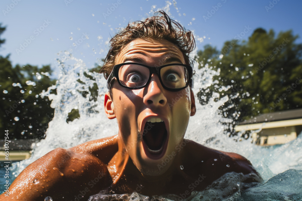 Breathtaking shocked swimmer expressing pure astonishment in a pool ...