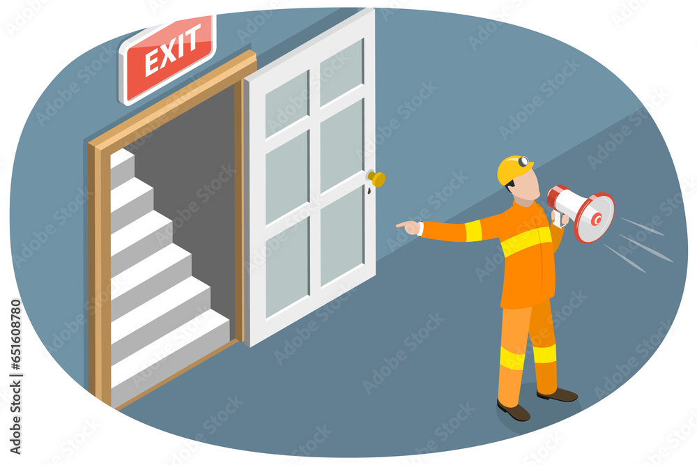 3D Isometric Flat Conceptual Illustration of Emergency Evacuation Drill ...
