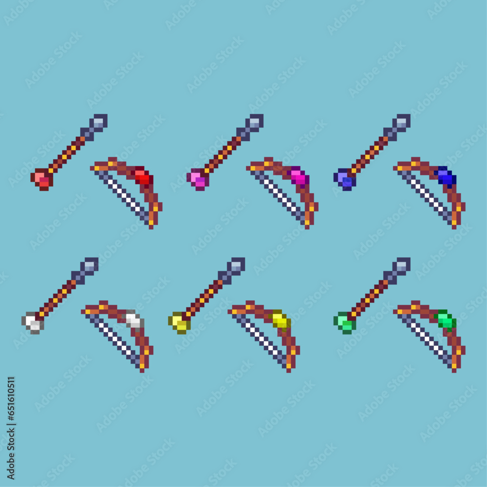 Pixel art sets of bow and arrow with variation color item asset simple ...