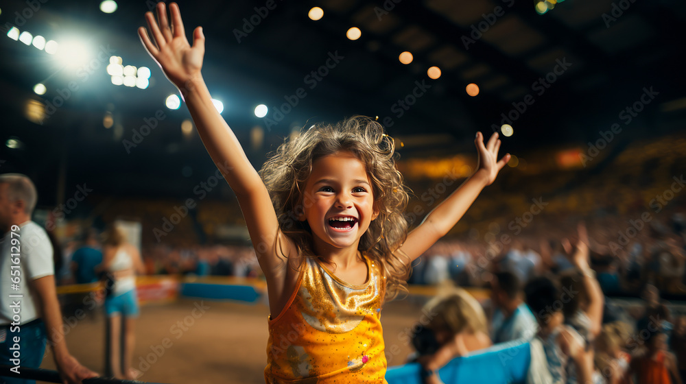 Exhilarating capture of joyful gymnast mid-performance, wide smile ...