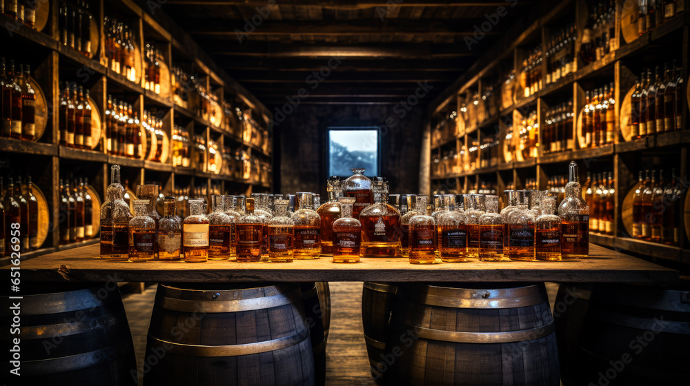 Wine, Whiskey, bourbon, and scotch barrels in an ageing facility shelf ...