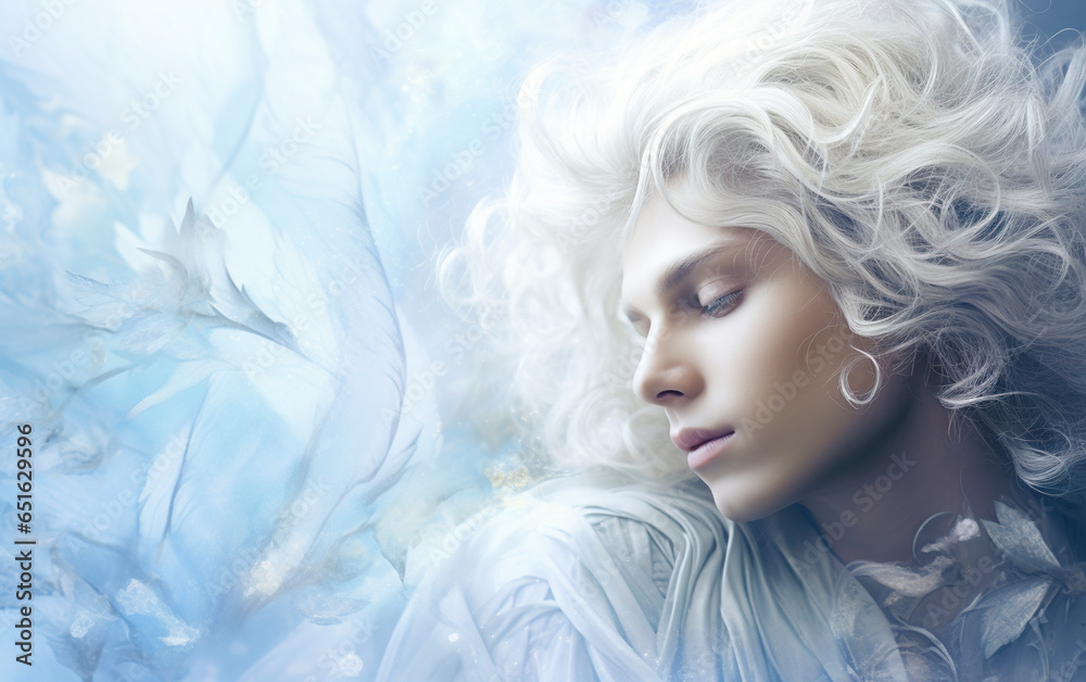 Representation of an angel on earth with golden hair and sculpted ...