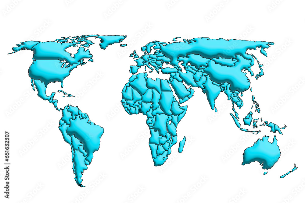 World map, relief turquoise map of the world on a white background ...