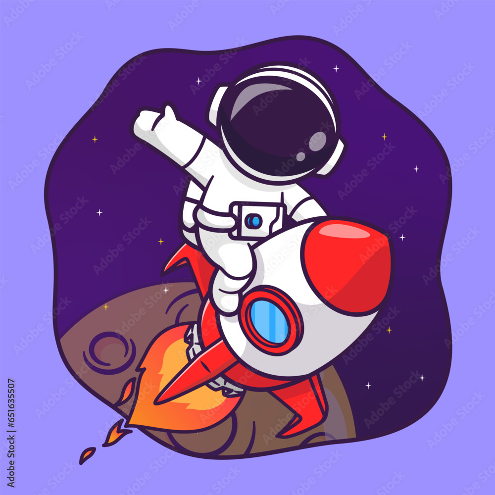 Cute Astronaut Riding Rocket In Space And Waving Hand Cartoon Vector Icon Illustration Science ...