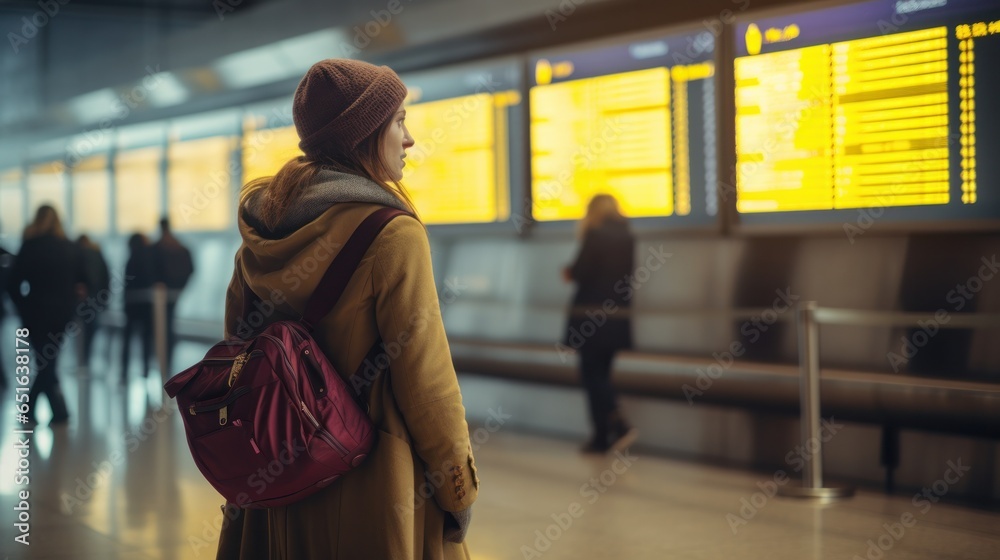 woman at an international airport check flight information board ...