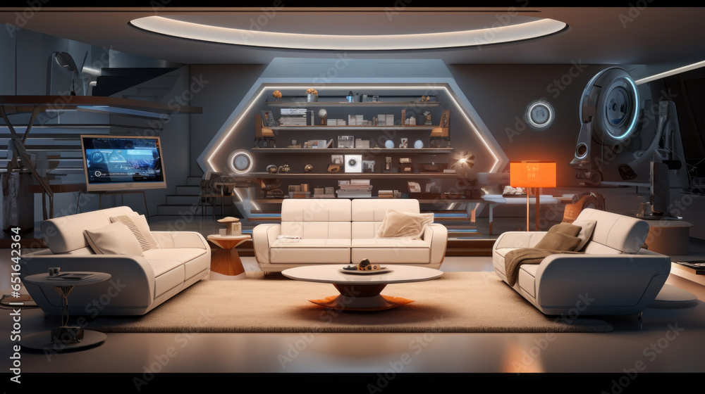 Tech-Savvy Lounge A futuristic living room with smart home gadgets ...