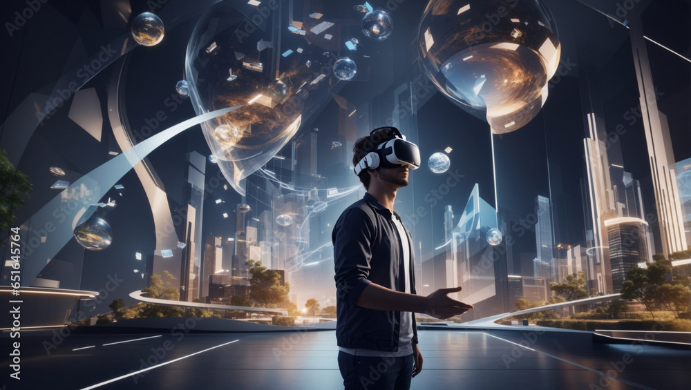 Man in the city, a designer immersed in a virtual world, using VR tools ...