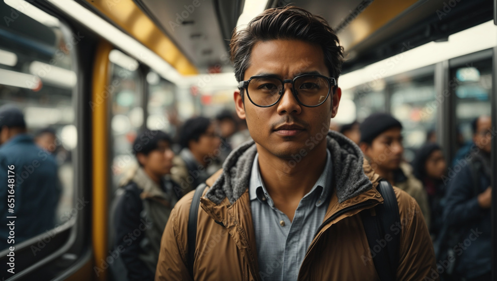 Man in the bus, a commuter navigating a busy city while wearing AR ...