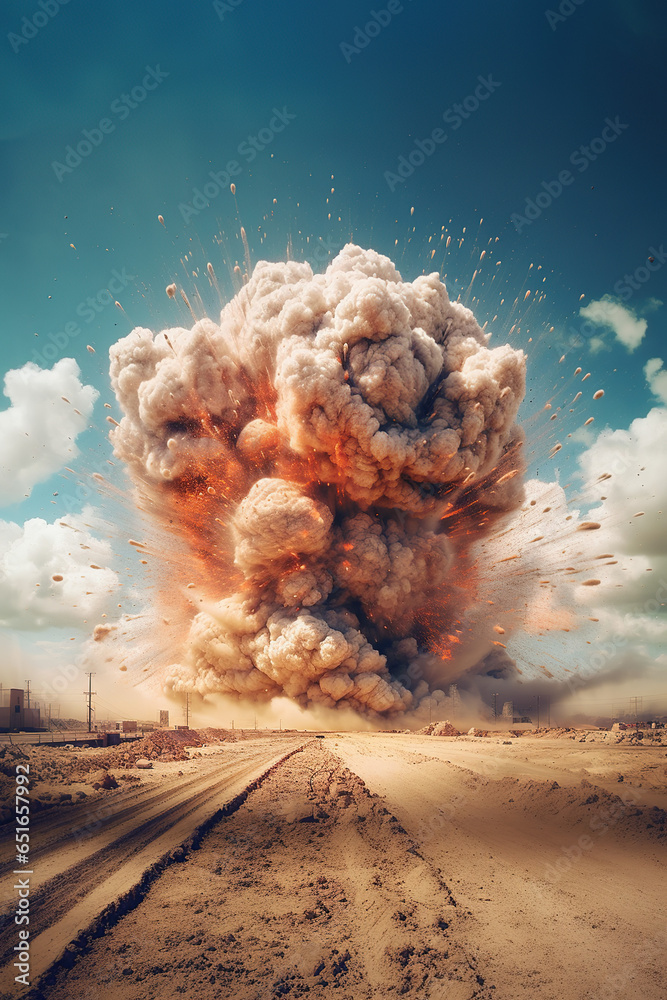 atomic mushroom cloud going off over the road, large nuclear explosion ...