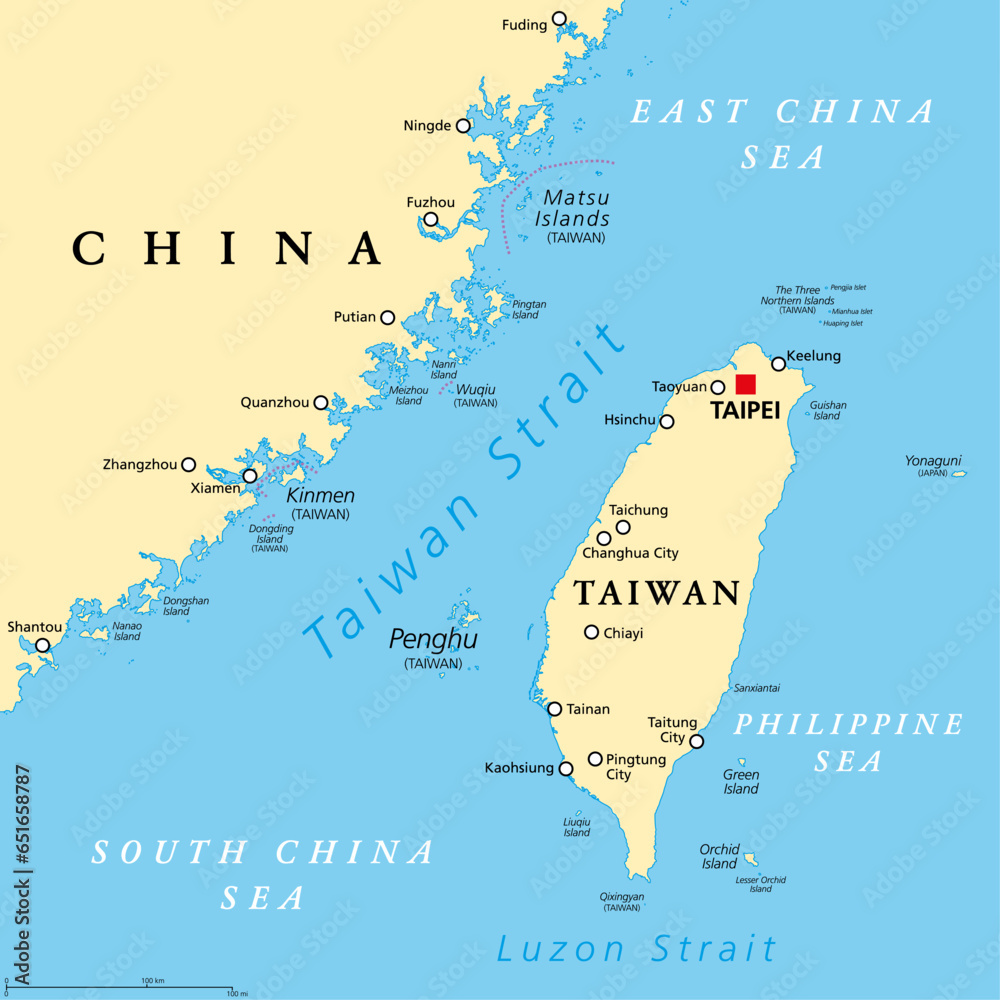 Stockvektorbilden Taiwan Strait, political map. Important waterway and ...