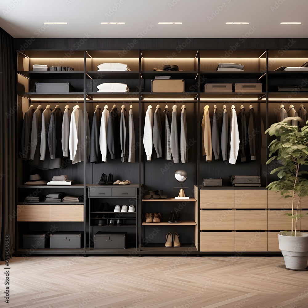 Modern minimalist men walk in wardrobe with clothes hanging on rods ...
