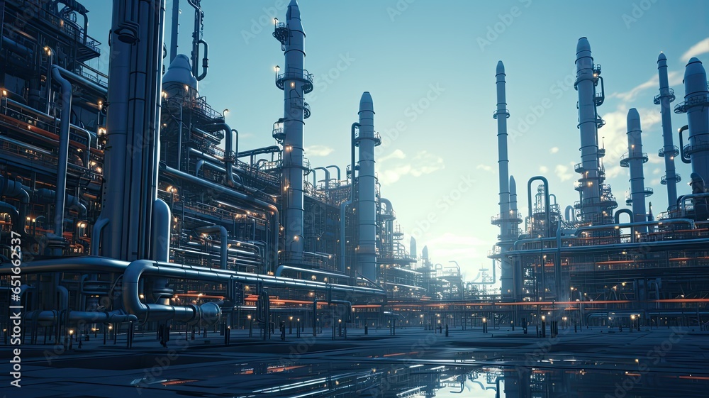 the towering structures and intricate network of pipes and machinery at ...