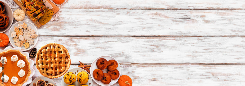 Autumn desserts corner border. Table scene with assorted traditional ...
