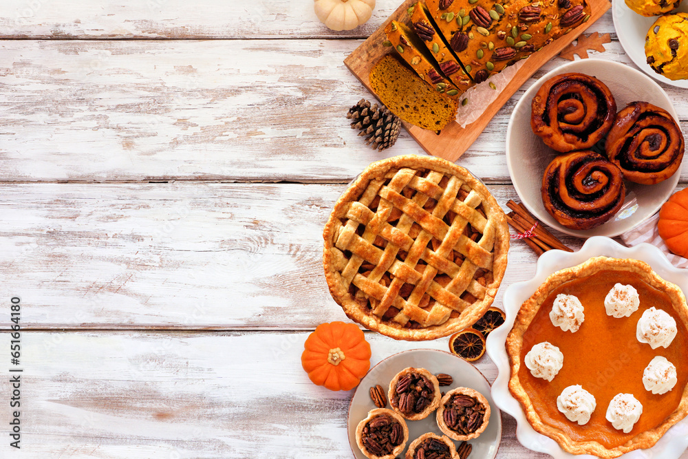 Autumn desserts side border. Table scene with an assortment of ...