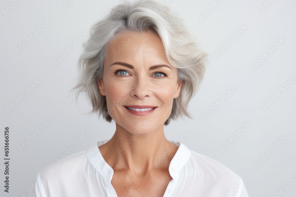 Happy 50s middle aged woman model touching face skin looking in mirror ...