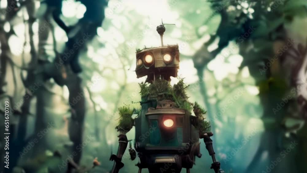 Rusty Ruined Robot in a Forest Clearing in a Post-Apocalyptic Landscape ...