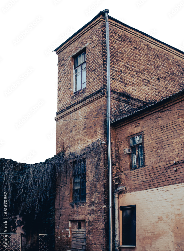 Old red bricks building on transparent background. Vintage walls and ...