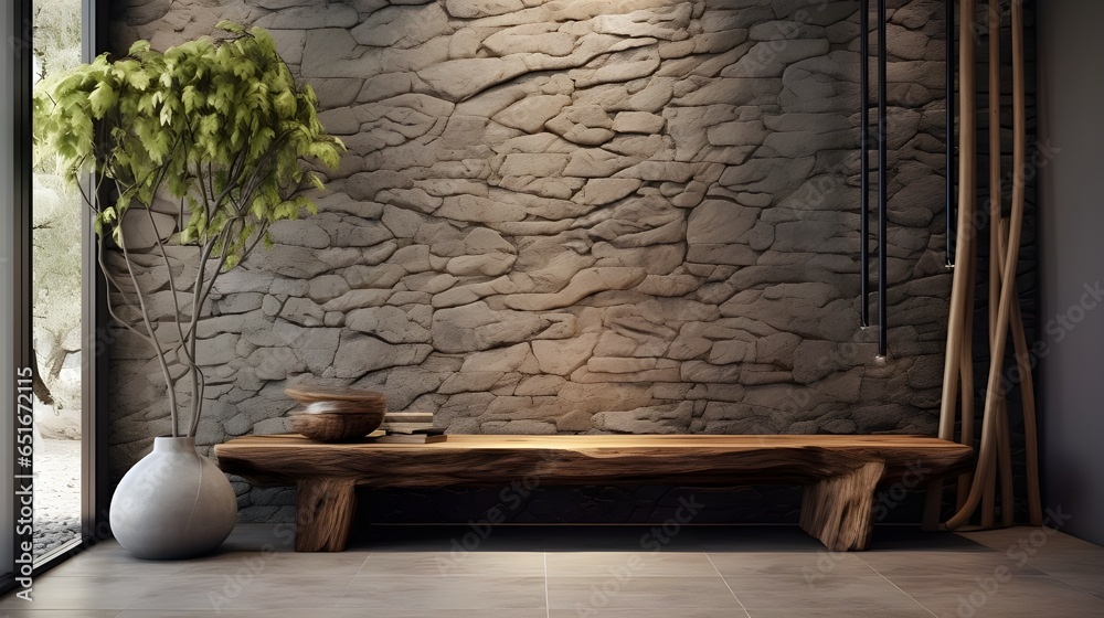Wild stone cladding wall and wooden bench. Decorative tree trunks ...