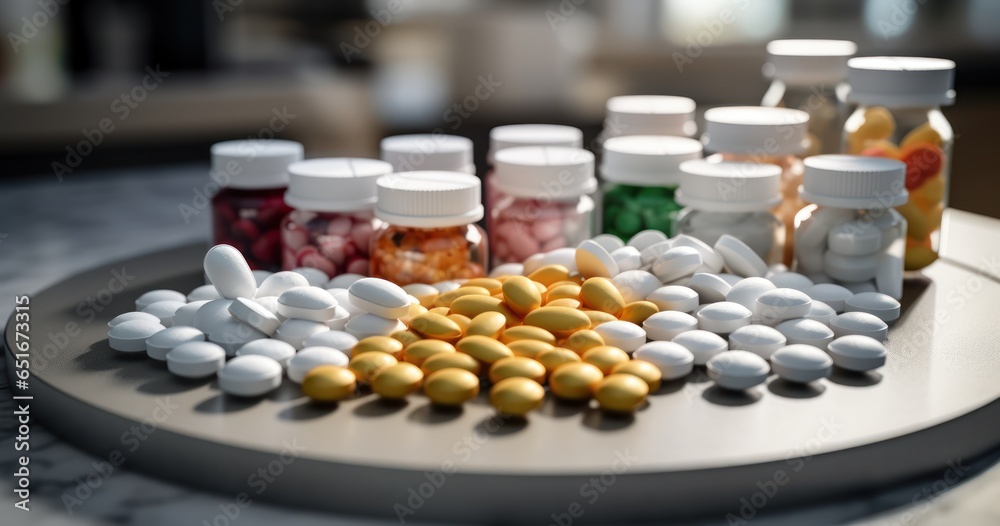 Various drug formulations spread out on a table, including tablets and ...