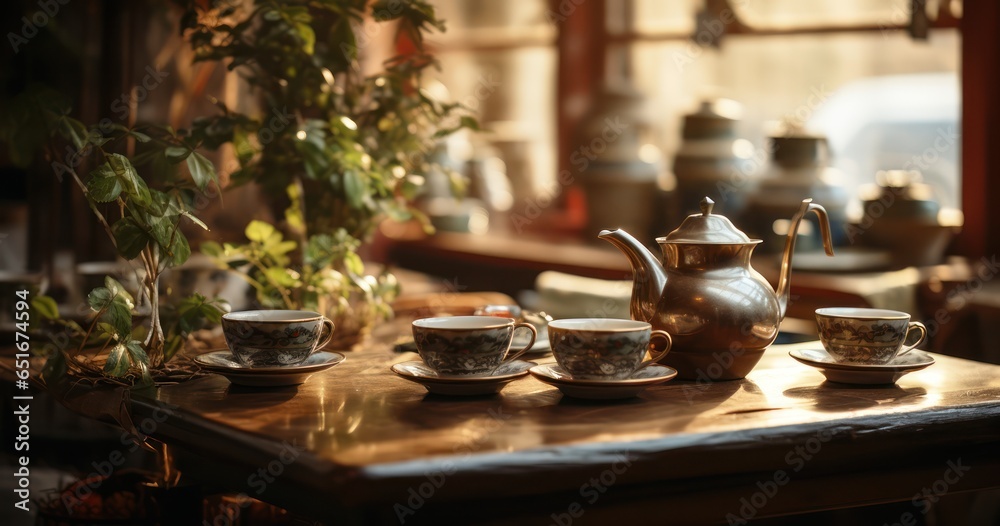 Inside a cozy tea house, where tea is being poured into delicate ...