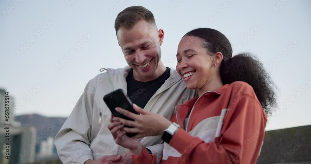 City, fitness and couple with a cellphone, funny and social media with ...