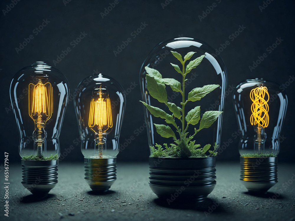 Green eco lightbulb with fresh leaves inside, glowing and shining ...