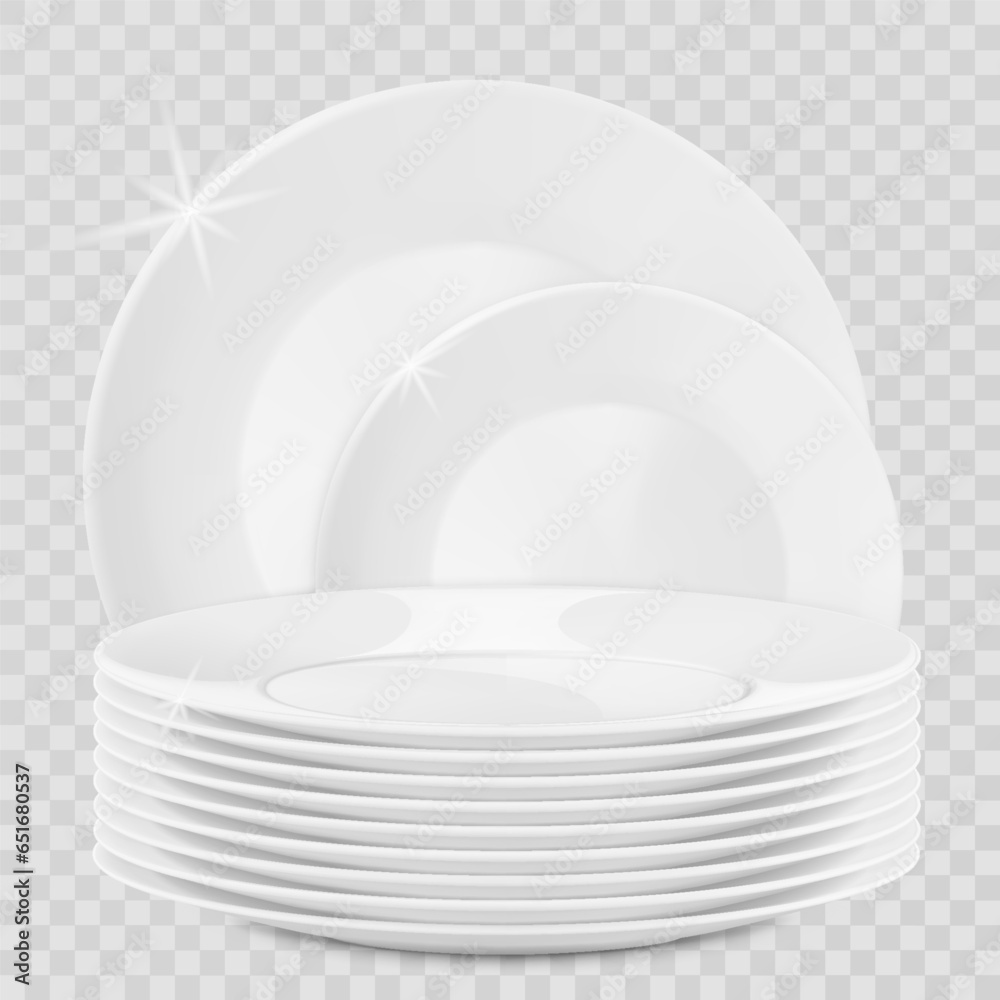 Realistic plate stack and bowls. Clean dishes, stacked kitchen ...