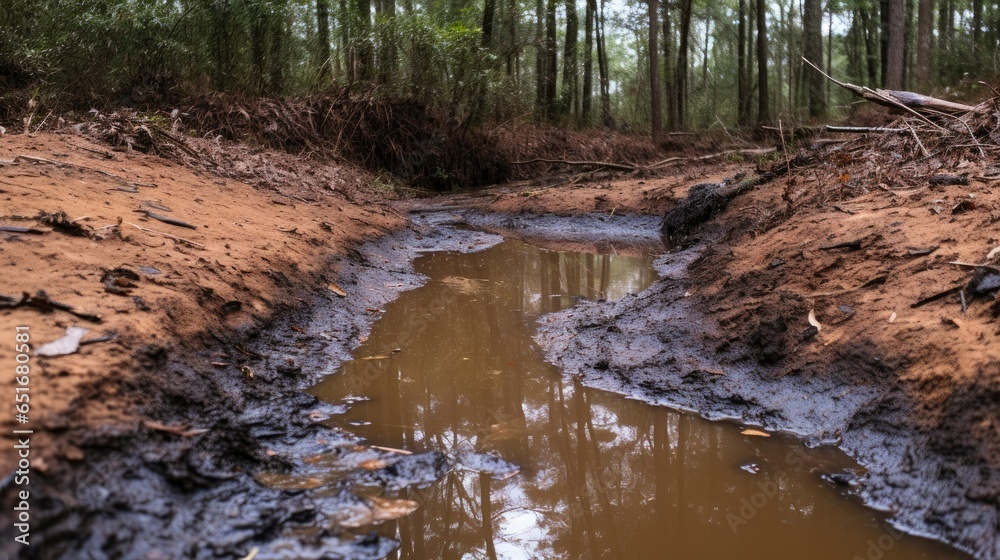 A small pond with murky, brownish water and floating debris. The ...