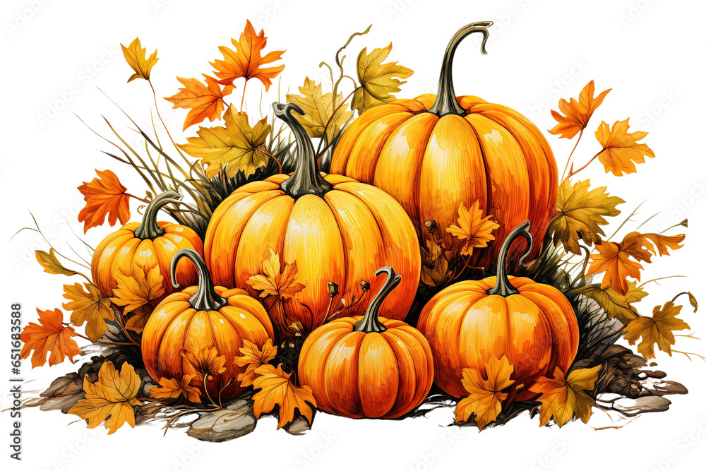 Watercolor pumpkin and autumn leaves Clip art for wallpaper and t-shirt ...
