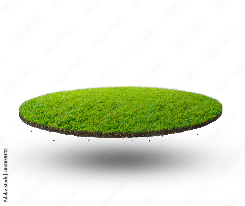 Floating slice of land with green grass surface and soil section ...