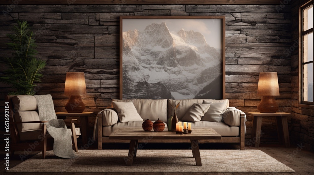 Illustrate a cozy mockup poster frame on a chiseled marble wall in a ...