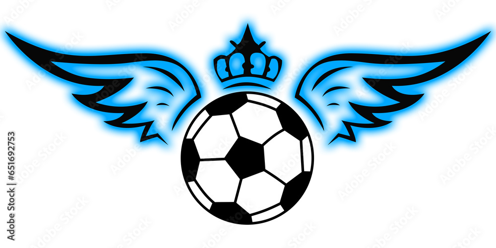 football logo sports emblem with angel wings and king crown with blue ...