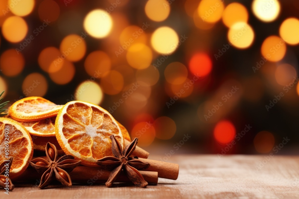 Traditional Christmas spices and dried orange slices on holiday light ...