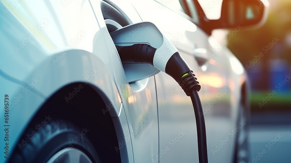 A charging station for electric cars, with an electric vehicle plugging into a white car. This ...