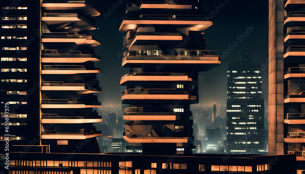futuristic cyberpunk city at night crowded with glowing tall brutalist ...