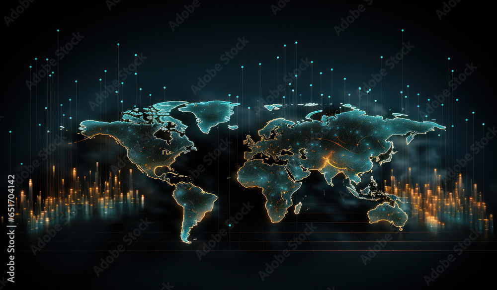 A digital world map on a dark background. Economic growth and stock ...